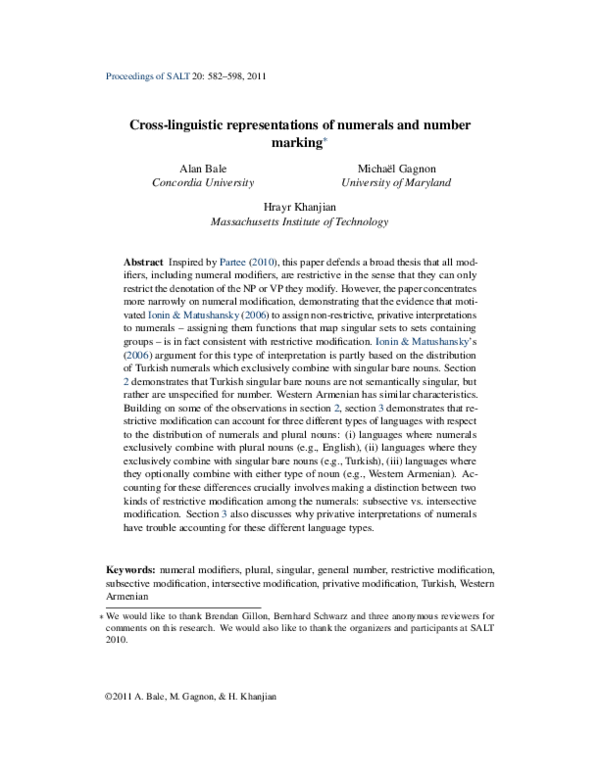 (PDF) Cross-linguistic representations of numerals and number marking