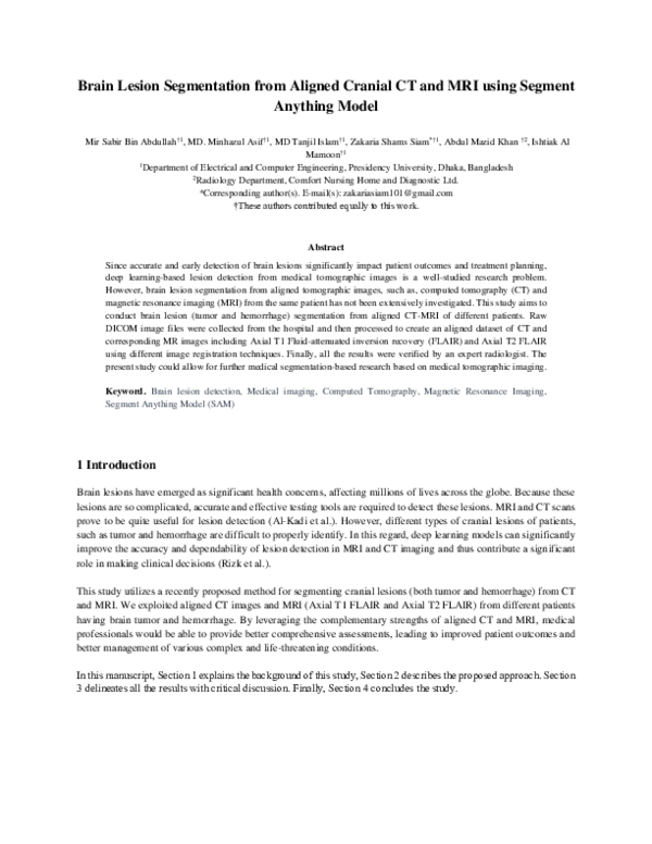 (PDF) Brain Lesion Segmentation from Aligned Cranial CT and MRI using Segment Anything Model