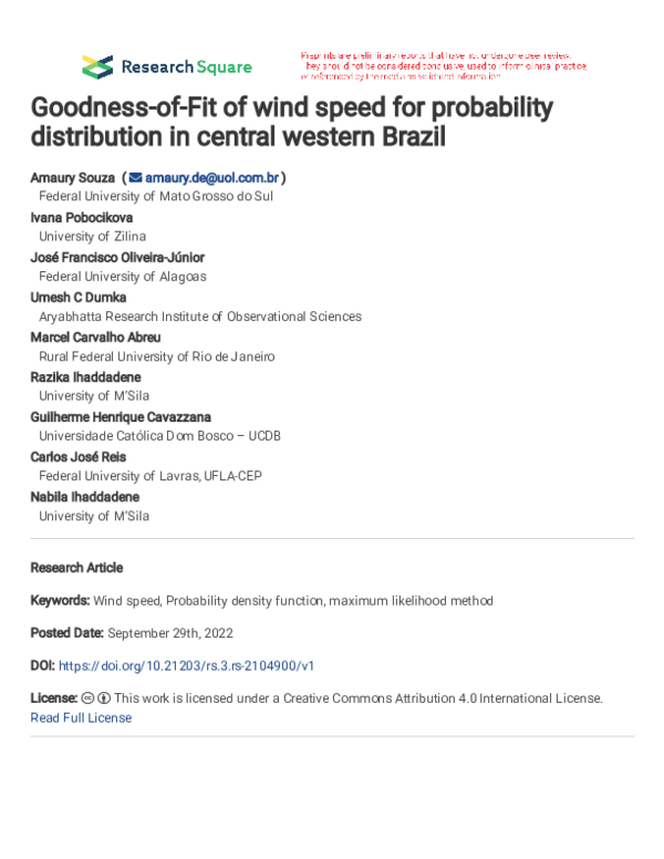 (PDF) Goodness-of-Fit of wind speed for probability distribution in ...