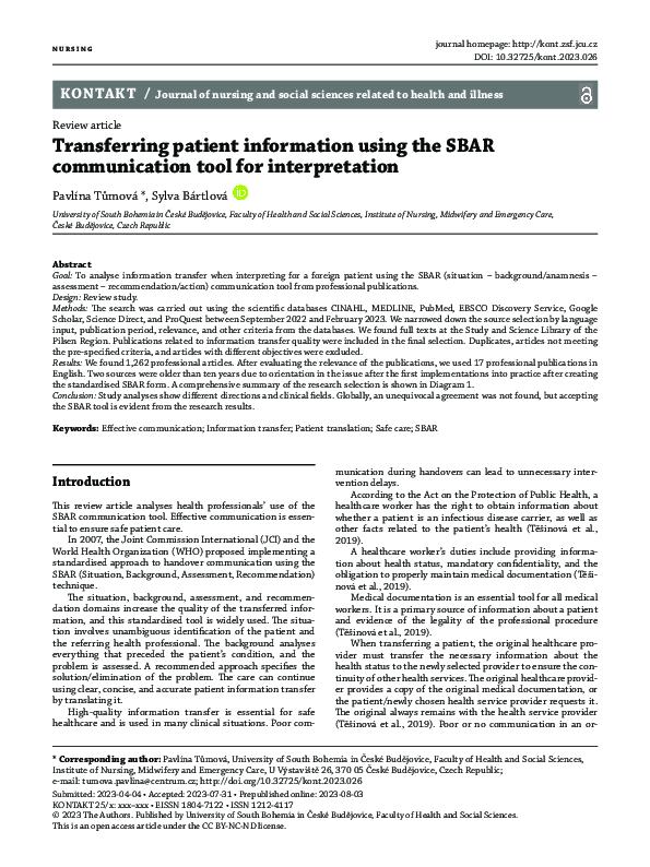 (PDF) Transferring patient information using the SBAR communication tool for interpretation