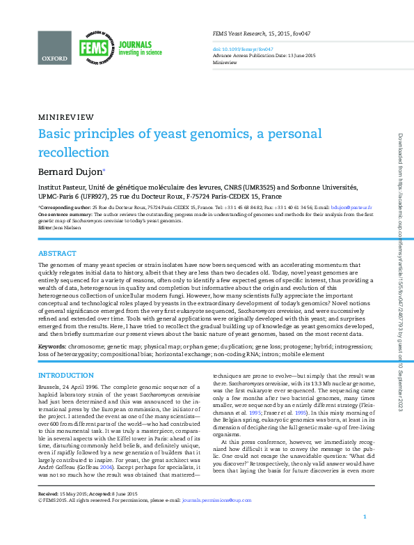 (PDF) Basic principles of yeast genomics, a personal recollection ...