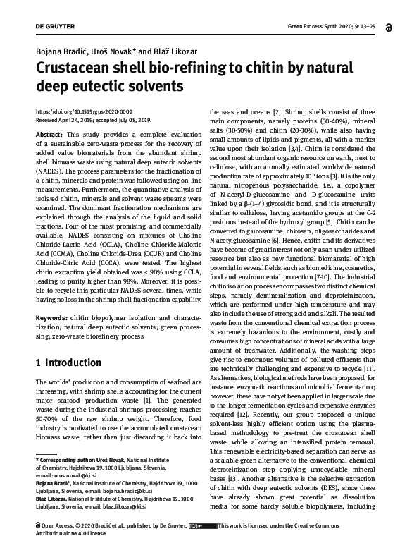 (PDF) Crustacean shell bio-refining to chitin by natural deep eutectic ...