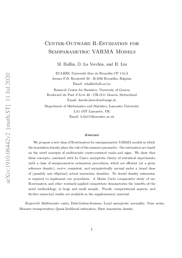(PDF) Center-Outward R-Estimation for Semiparametric VARMA Models