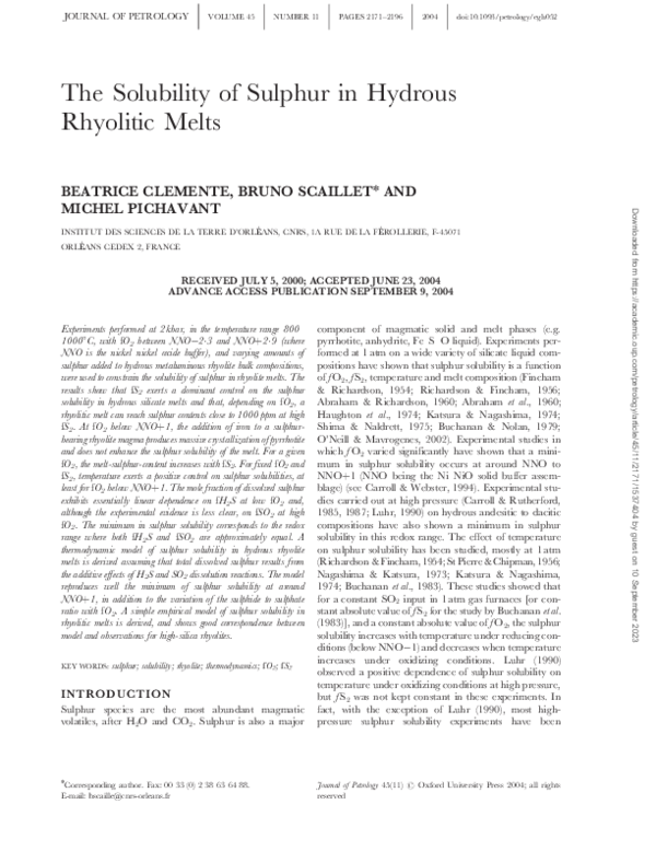 (PDF) The Solubility of Sulphur in Hydrous Rhyolitic Melts