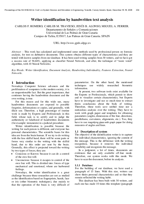 Pdf Writer Identification By Handwritten Text Analysis Miguel Angel Flores Ferrer