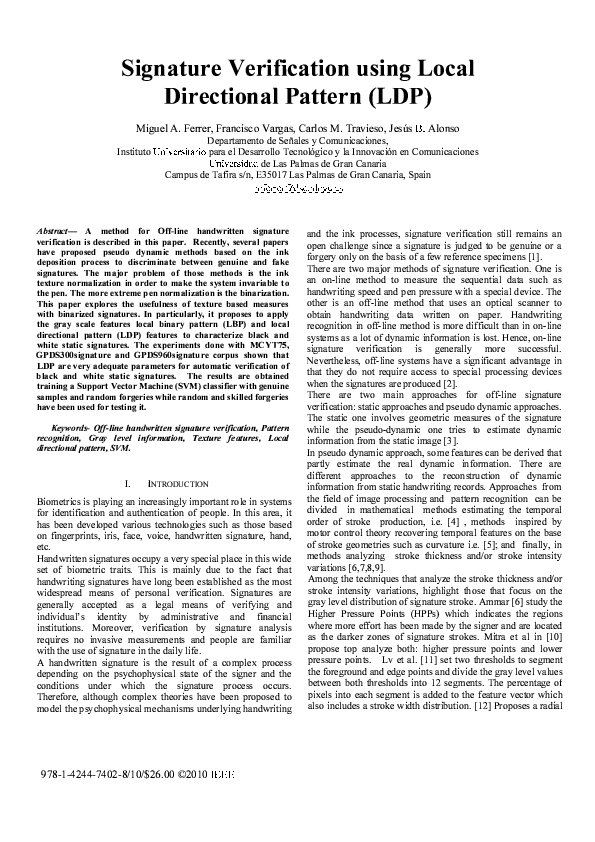 (PDF) Signature verification using local directional pattern (LDP) | Miguel Angel Flores Ferrer ...