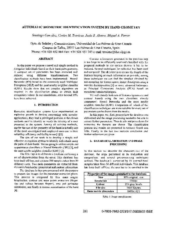 Pdf Automatic Biometric Identification System By Hand Geometry