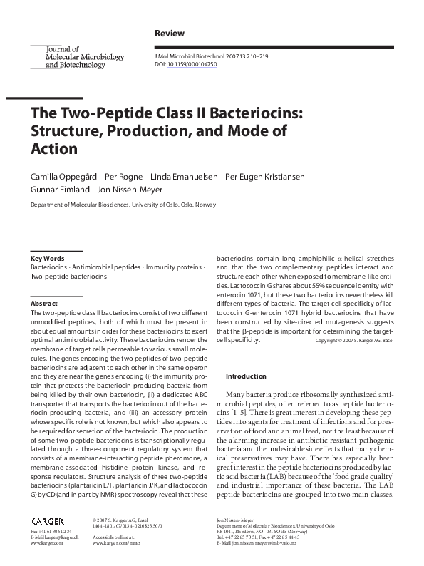 Pdf The Two Peptide Class Ii Bacteriocins Structure Production And Mode Of Action