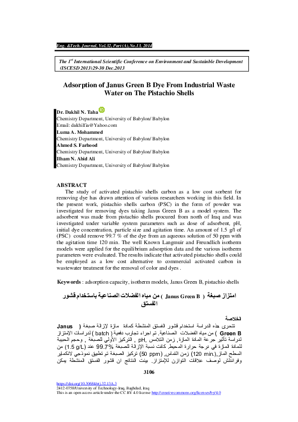 (PDF) Adsorption of Janus Green B Dye From Industrial Waste Water on ...
