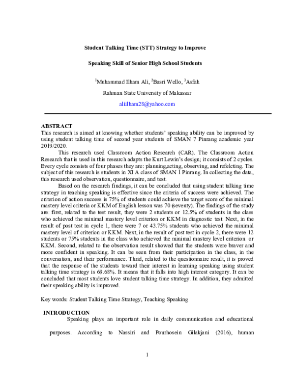 (DOC) Student Talking Time (STT) Strategy to Improve Speaking Skill of ...