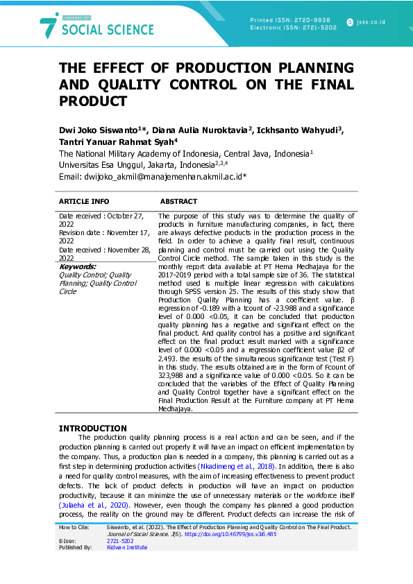 (PDF) The Effect of Production Planning and Quality Control on The ...