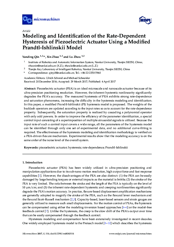 (PDF) Modeling and Identification of the Rate-Dependent Hysteresis of Piezoelectric Actuator ...