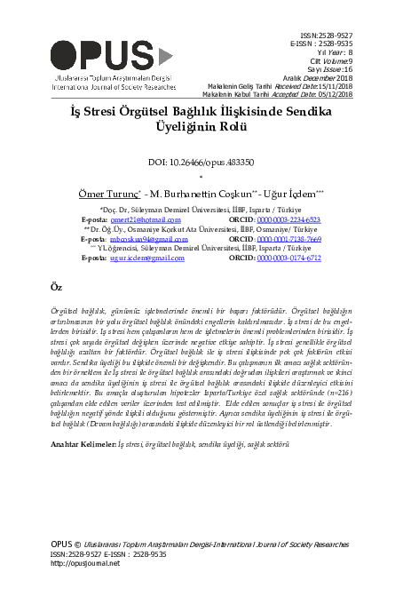 (PDF) İş Stresi Örgütsel Bağlılık İlişkisinde Sendika Üyeliğinin Rolü