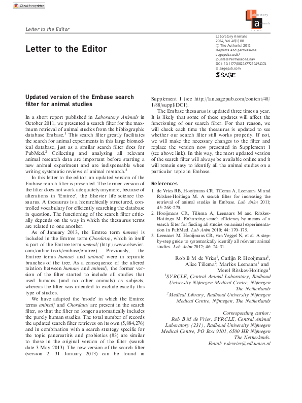 (PDF) Updated version of the Embase search filter for animal studies