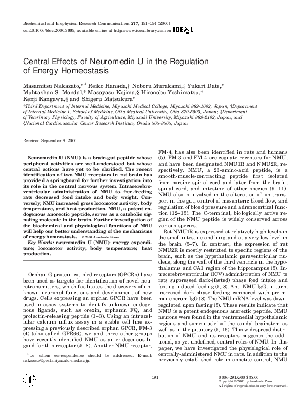 (PDF) Central Effects of Neuromedin U in the Regulation of Energy ...