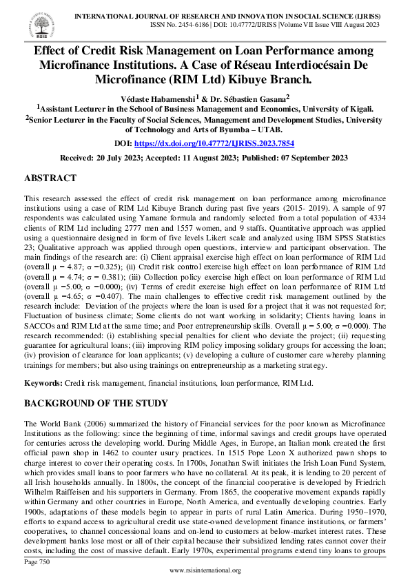 (PDF) Effect of Credit Risk Management on Loan Performance among Microfinance Institutions. A ...