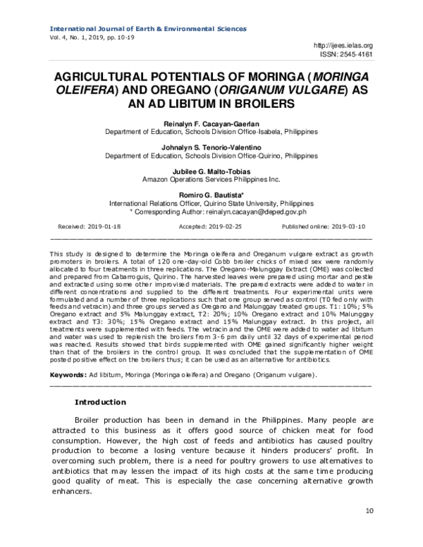 (PDF) AGRICULTURAL POTENTIALS OF MORINGA (MORINGA OLEIFERA) AND OREGANO (ORIGANUM VULGARE) AS AN ...