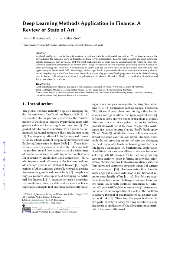 (PDF) Deep Learning Methods Application in Finance: A Review of State of Art