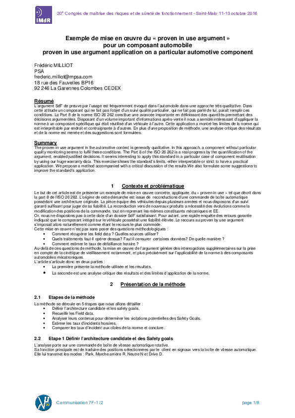 (PDF) Exemple de mise en oeuvre du « proven in use argument » pour un ...