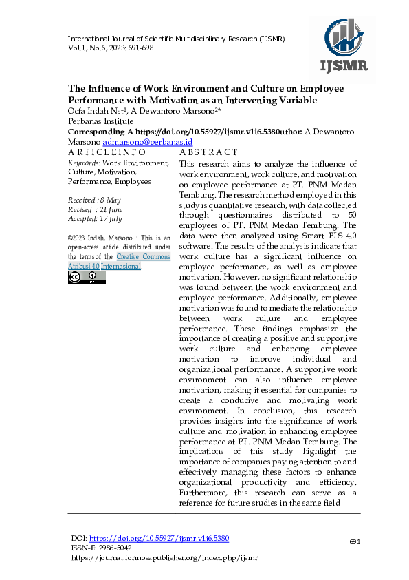 (PDF) The Influence of Work Environment and Culture on Employee Performance with Motivation as ...