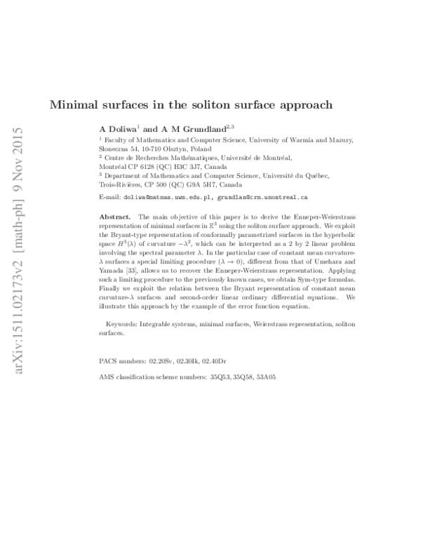(PDF) Minimal surfaces in the soliton surface approach