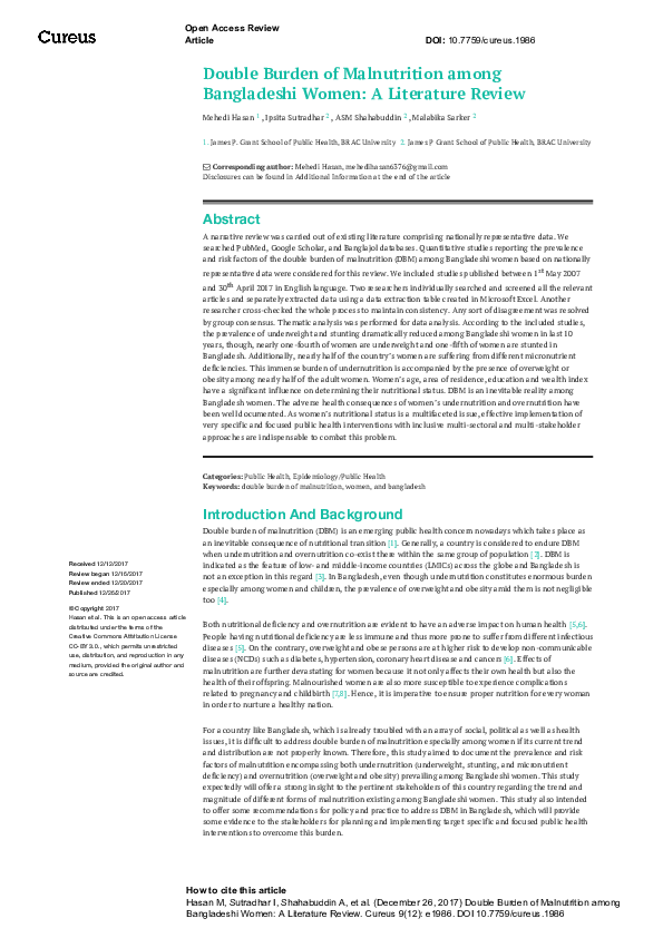 (PDF) Double Burden of Malnutrition among Bangladeshi Women: A ...