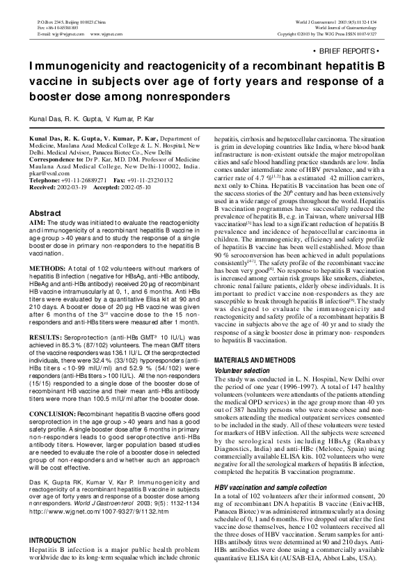 (PDF) Immunogenicity and reactogenicity of a recombinant hepatitis B ...
