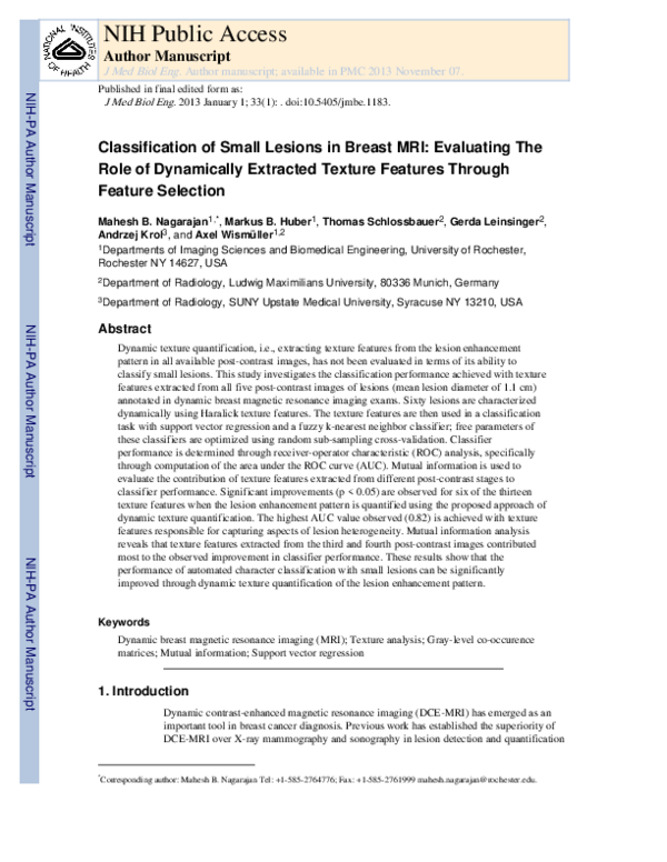 Pdf Classification Of Small Lesions In Breast Mri Evaluating The Role Of Dynamically