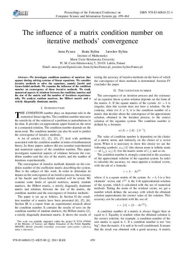 Pdf The Influence Of A Matrix Condition Number On Iterative Methods 9288