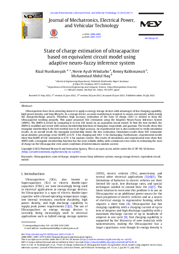 Pdf State Of Charge Estimation Of Ultracapacitor Based On Equivalent Circuit Model Using