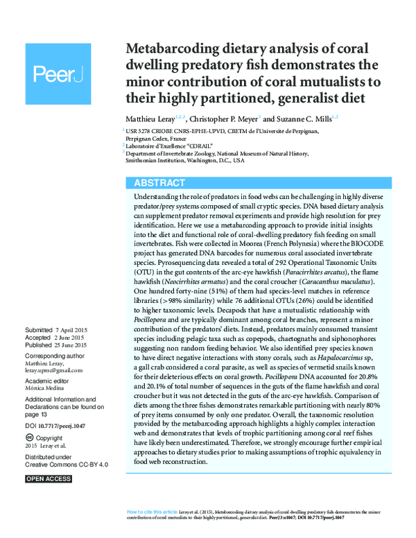 (PDF) Metabarcoding dietary analysis of coral dwelling predatory fish ...