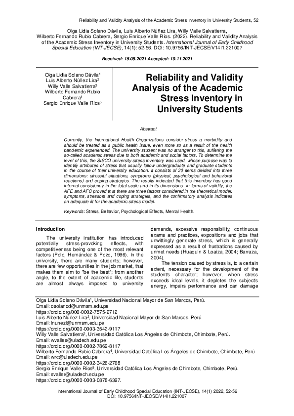 (PDF) Reliability and Validity Analysis of the Academic Stress Inventory in University Students
