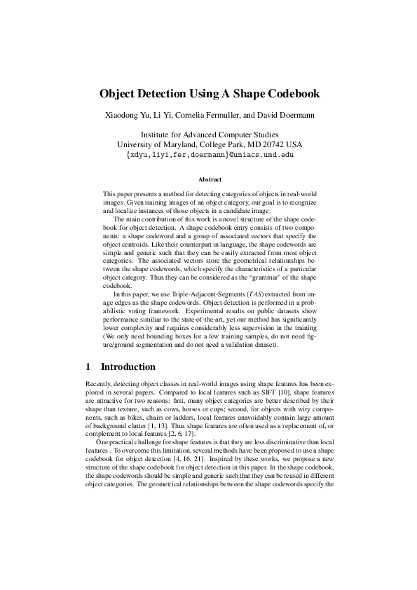 (PDF) Object Detection Using Shape Codebook
