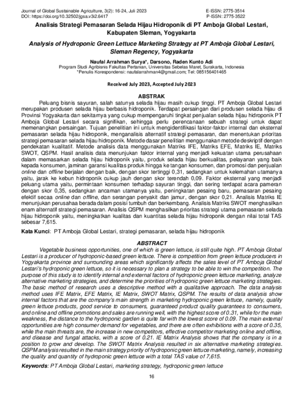 (PDF) Analysis of Hydroponic Green Lettuce Marketing Strategy at PT ...