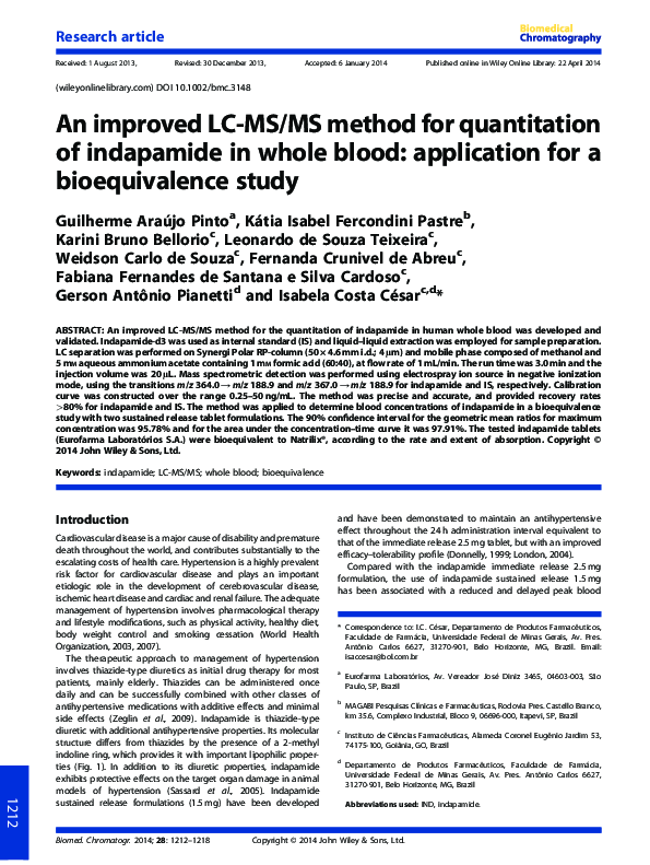 (PDF) An improved LC-MS/MS method for quantitation of indapamide in whole blood: application for ...