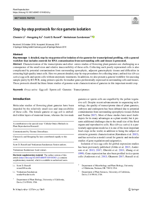 (PDF) Step-by-step protocols for rice gamete isolation | Hengping Xu ...