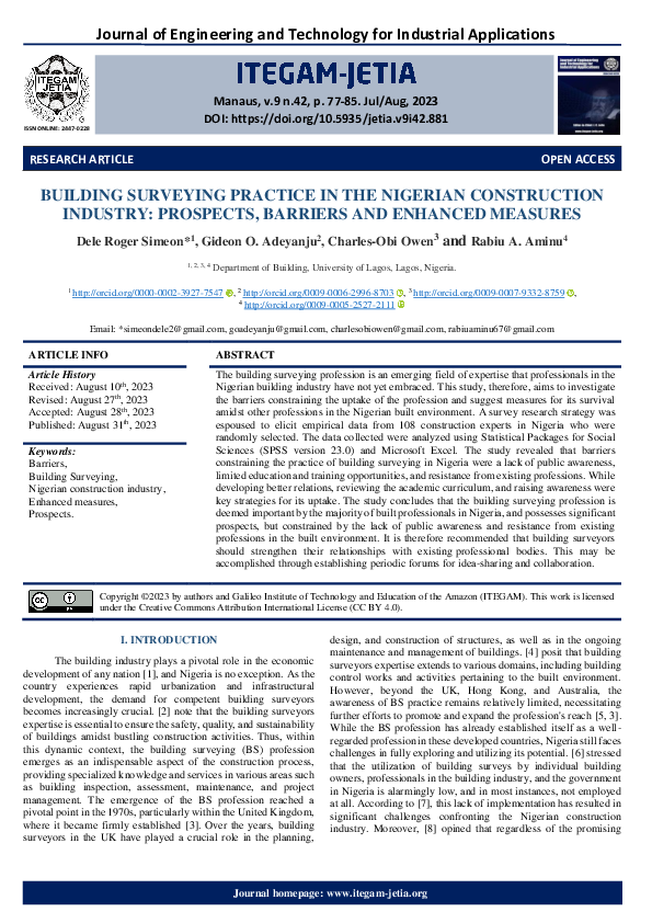 (PDF) Building Surveying Practice in the Nigerian Construction Industry: Prospects, Barriers ...