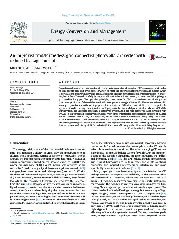 Pdf An Improved Transformerless Grid Connected Photovoltaic Inverter With Reduced Leakage Current