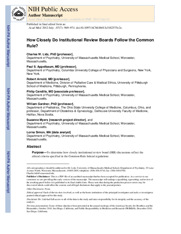 (PDF) How Closely Do Institutional Review Boards Follow the Common Rule?