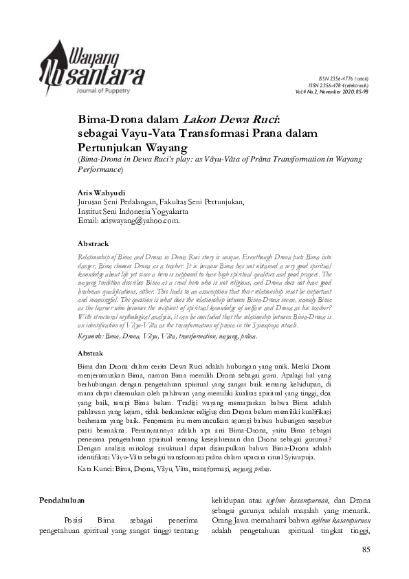 (PDF) Bima-Drona dalam Lakon Dewa Ruci sebagai Vayu-Vata, Transformasi ...