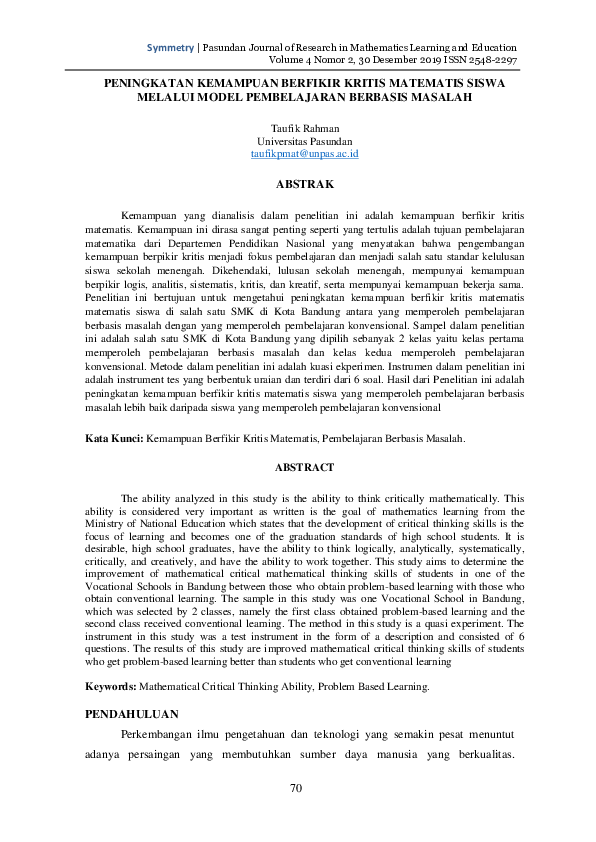 (PDF) Peningkatan Kemampuan Berfikir Kritis Matematis Siswa Melalui Model Pembelajaran Berbasis ...