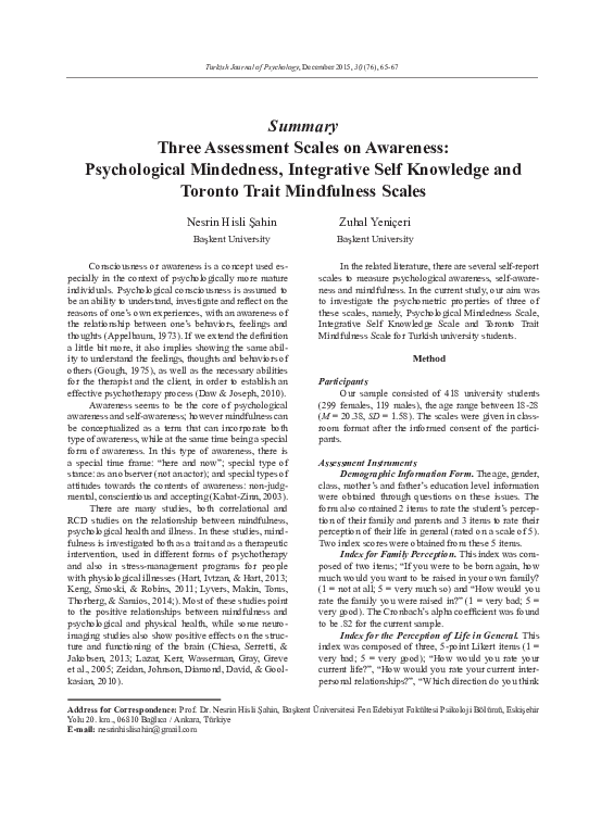 (PDF) Three Assessment Scales on Awareness: Psychological Mindedness ...