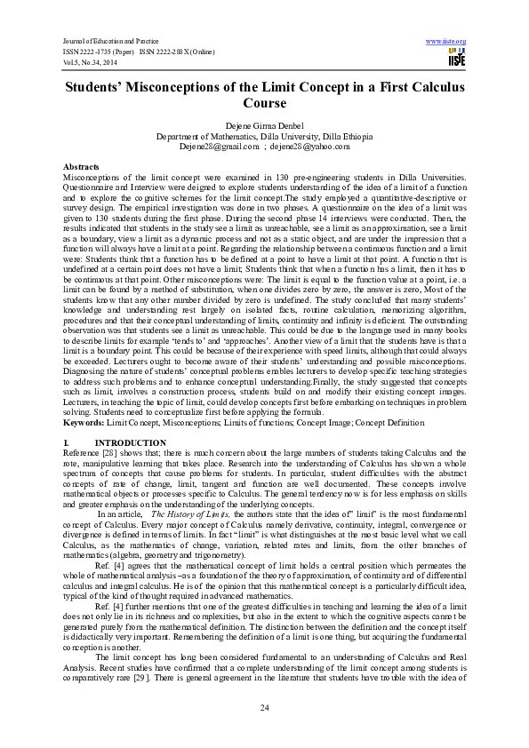 (PDF) Students’ Misconceptions of the Limit Concept in a First Calculus Course | Dejene Girma ...