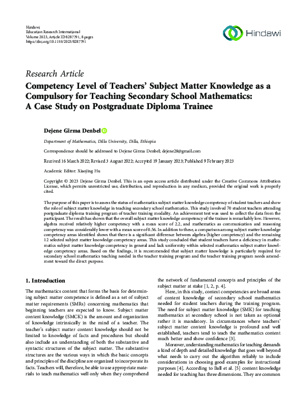 (PDF) Competency Level of Teachers’ Subject Matter Knowledge as a ...