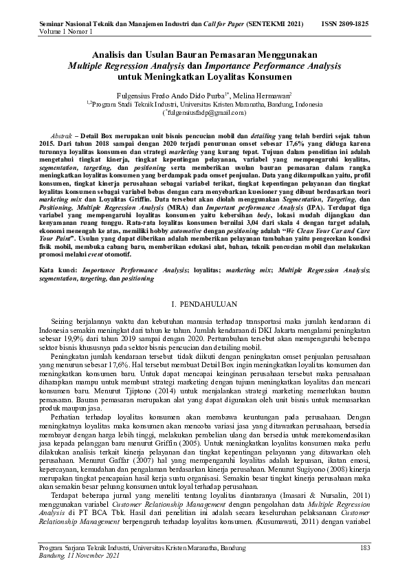 (PDF) Analisis dan Usulan Bauran Pemasaran Menggunakan Multiple ... (PDF) Analisis dan Usulan Bauran Pemasaran Menggunakan Multiple ...
