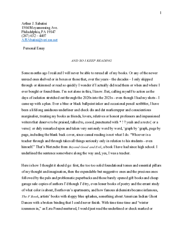 (PDF) I Keep Reading Personal Literary Essay