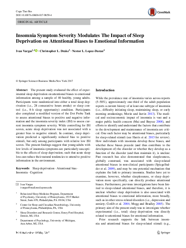 (PDF) Insomnia Symptom Severity Modulates The Impact of Sleep ...