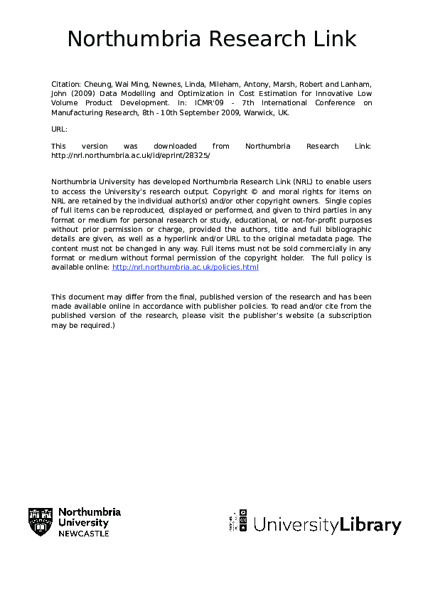 Pdf Data Modelling And Optimization In Cost Estimation For Innovative