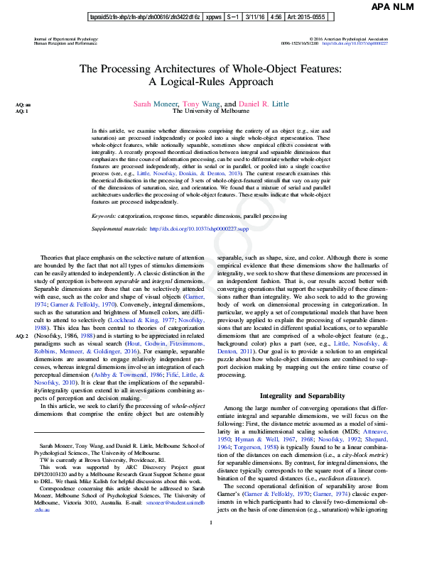 (PDF) The Processing Architectures of Whole-Object Features: A Logical-Rules Approach | Tony ...