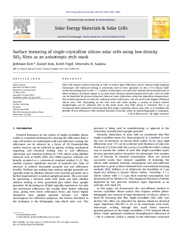 (PDF) Surface texturing of single-crystalline silicon solar cells using low density SiO2 films ...
